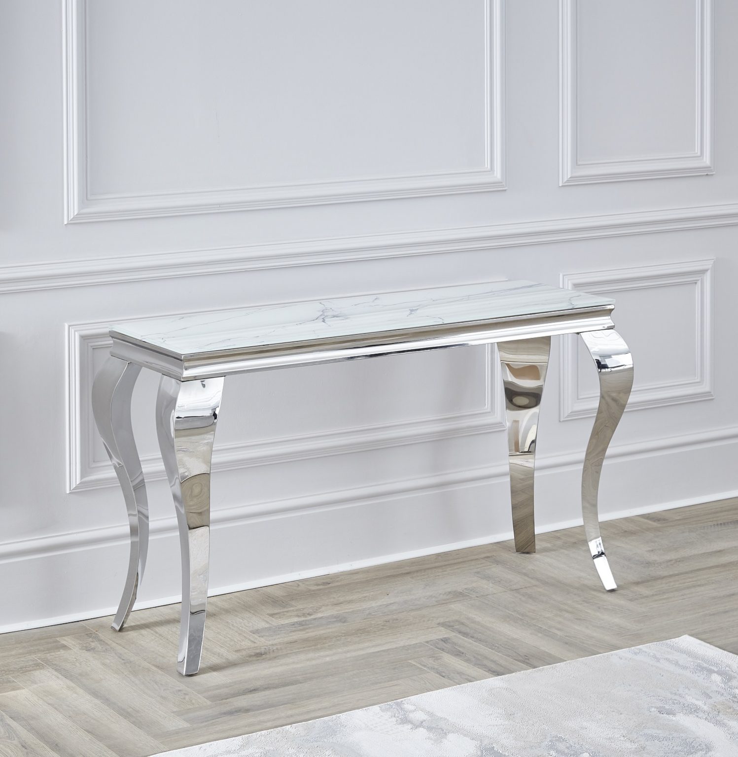 Louis White Marble Glass Chrome Console Table / 100 cm – Niches Louis White Marble Glass Chrome Console Table / 100 cm – Niches